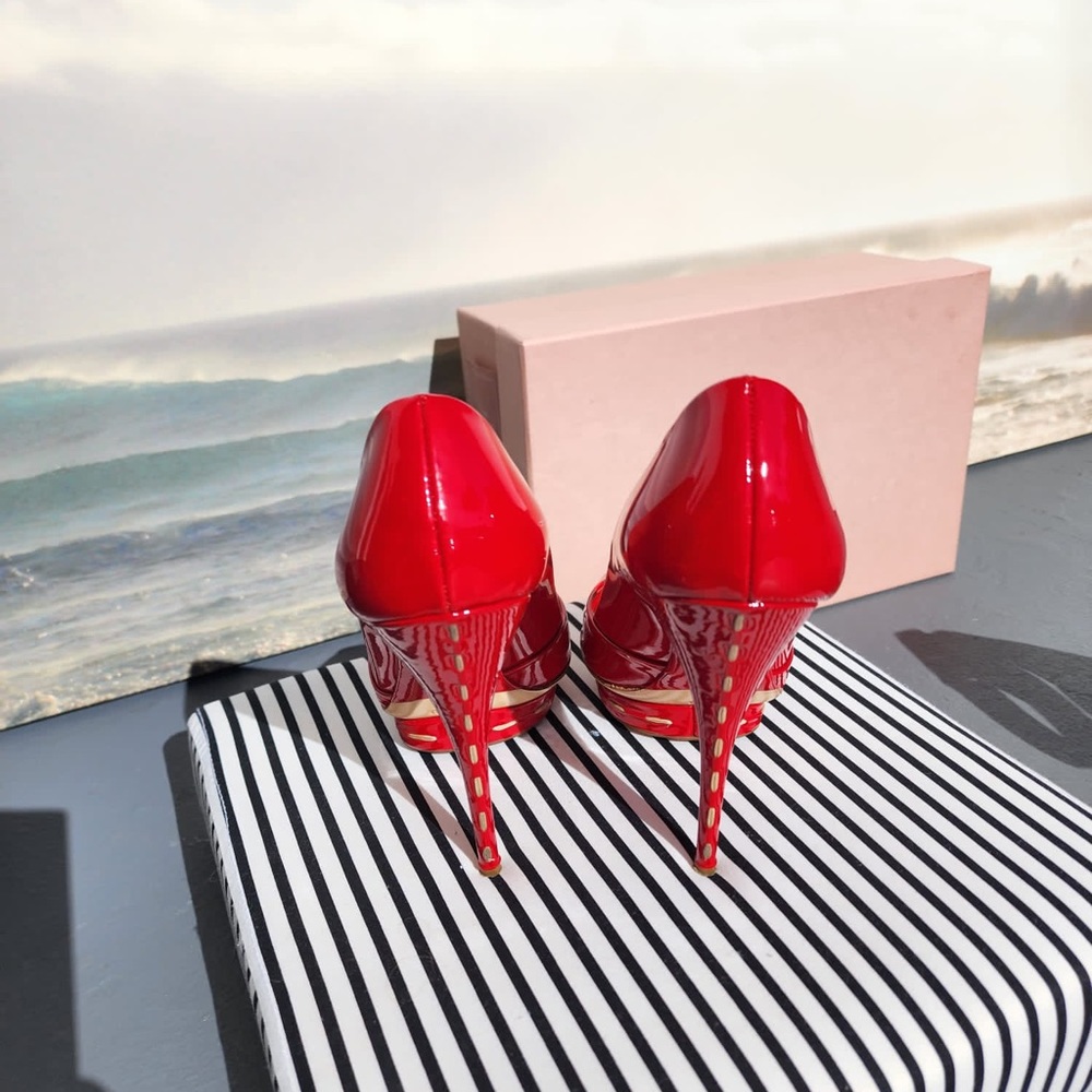 Miu Miu Red Patent Leather Open Toe Pumps Heels - Gem